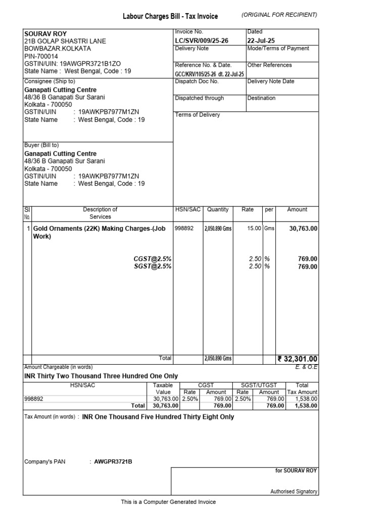 Labour Charges Tax Invoice for Gold Work | PDF | Taxation | Trade