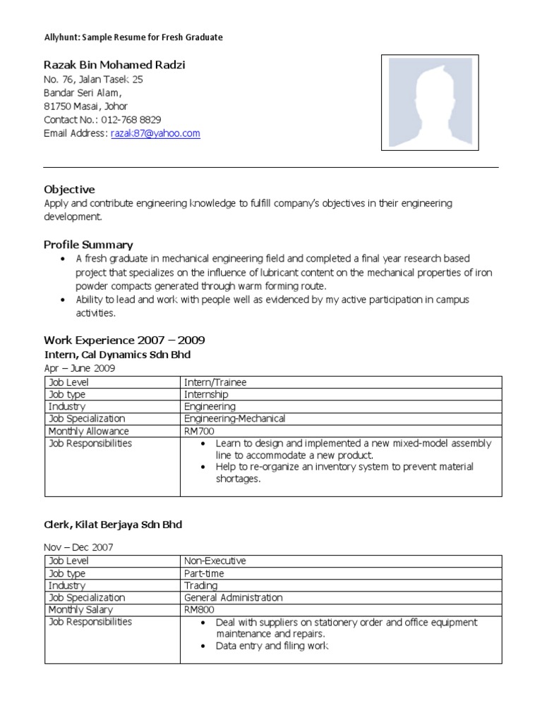 Resume Example For Fresh Graduate Engineering