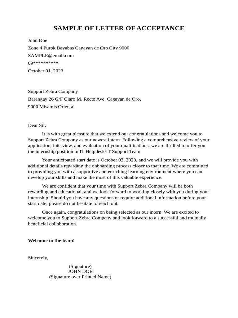 Sample of Letter of Acceptance | PDF