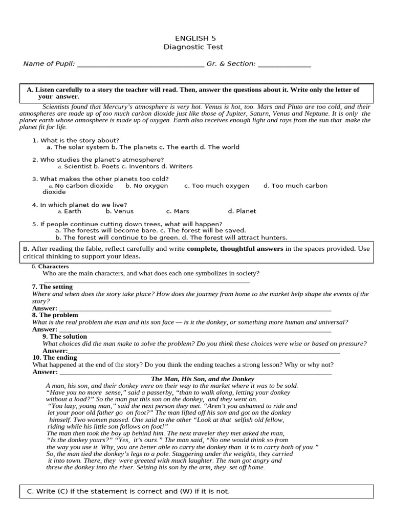 Diagnostic Test - English 5 | PDF | Planets | Atmosphere