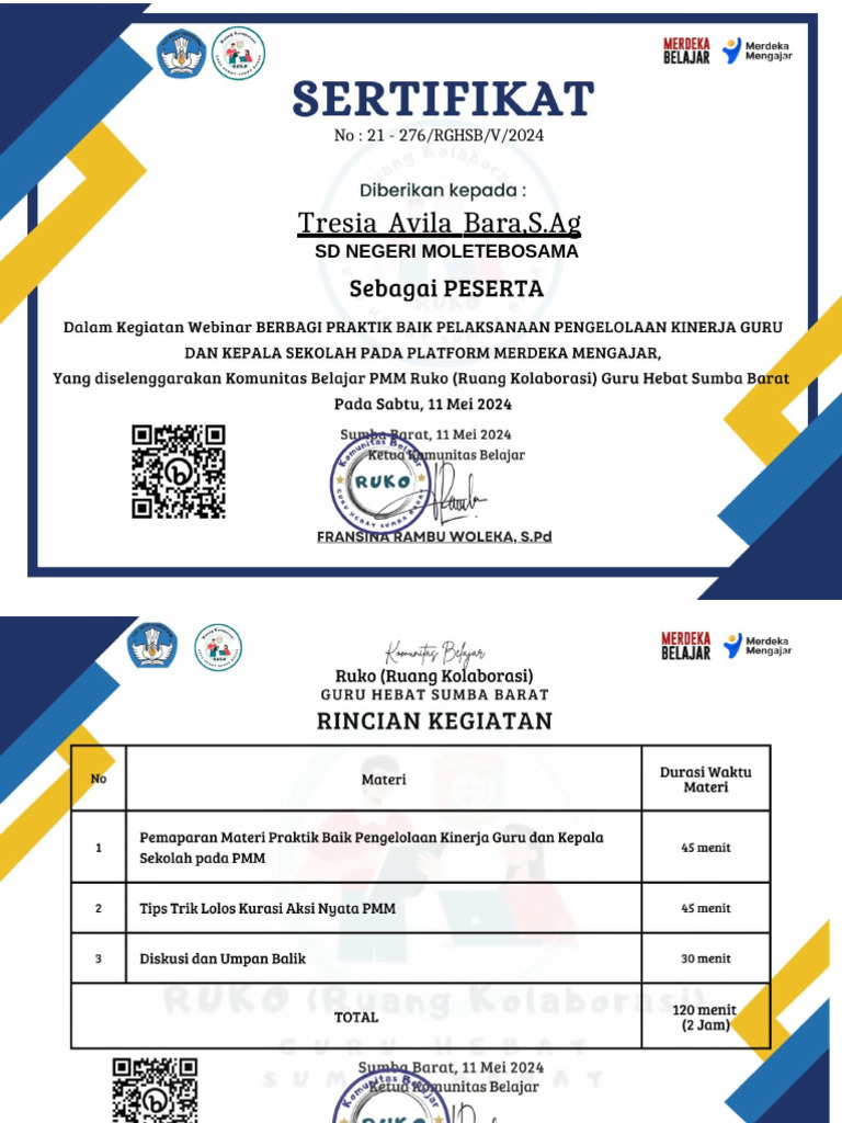 Sertifikat - Tresia Avila Bara, S.ag (SDH) | PDF