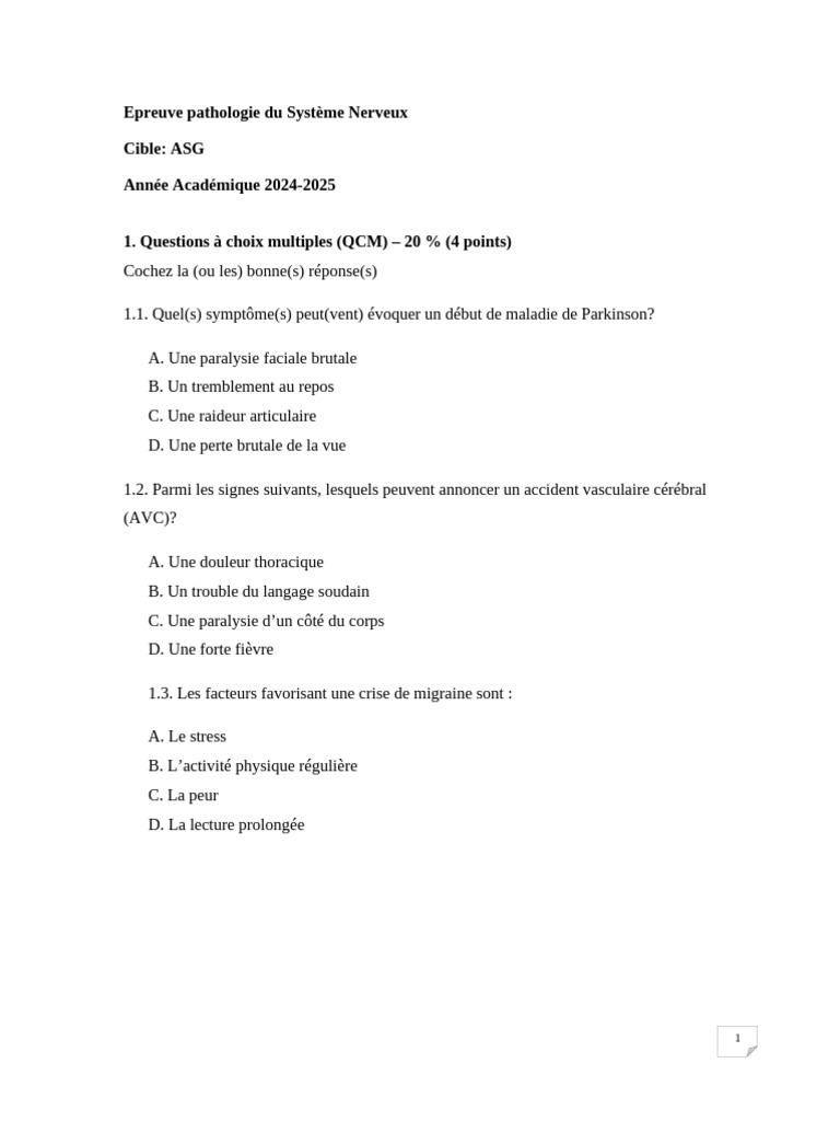 Épreuve de neurologie ASG 2024-2025 | PDF | Accident vasculaire ...