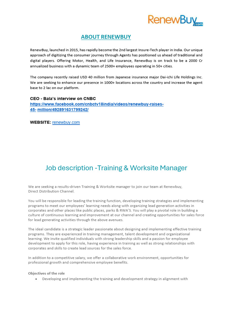 JD - Training Worksite Manager - Direct Distribution | PDF ...