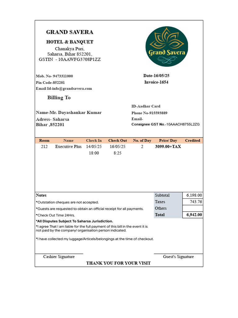 Grand Savera Hotel Invoice Details | PDF