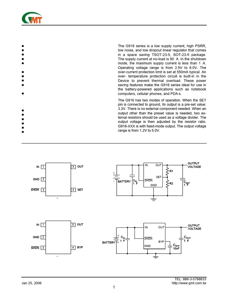 G916 Low Noise LDO Regulators Overview | PDF | Amplifier | Capacitor
