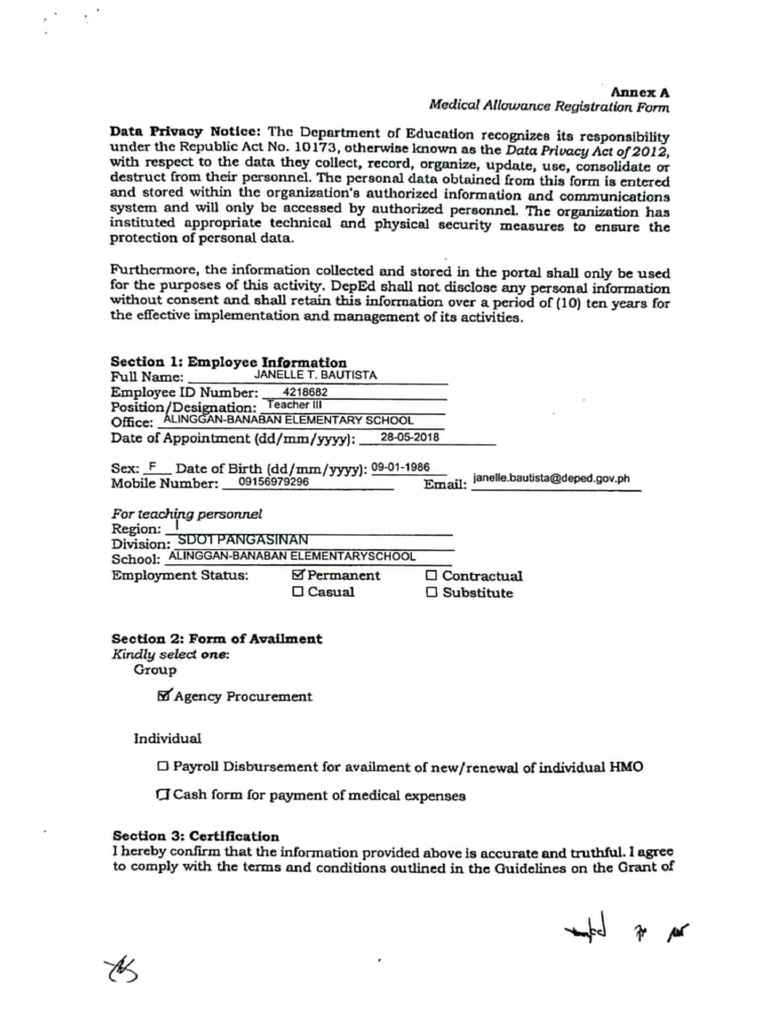 Medical ALBA ES JANELLE Allowance Registration Form ANNEX A 2 PAGE 1&2 ...