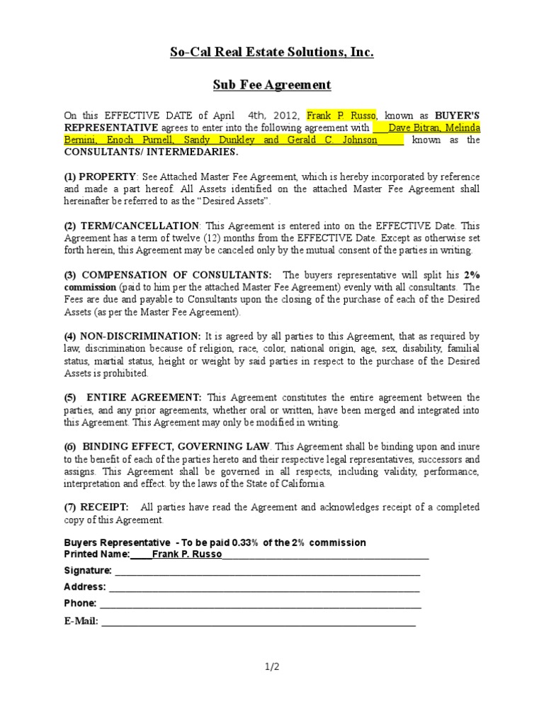 Sub Fee Agreement To PDF | PDF | Private Law | Common Law