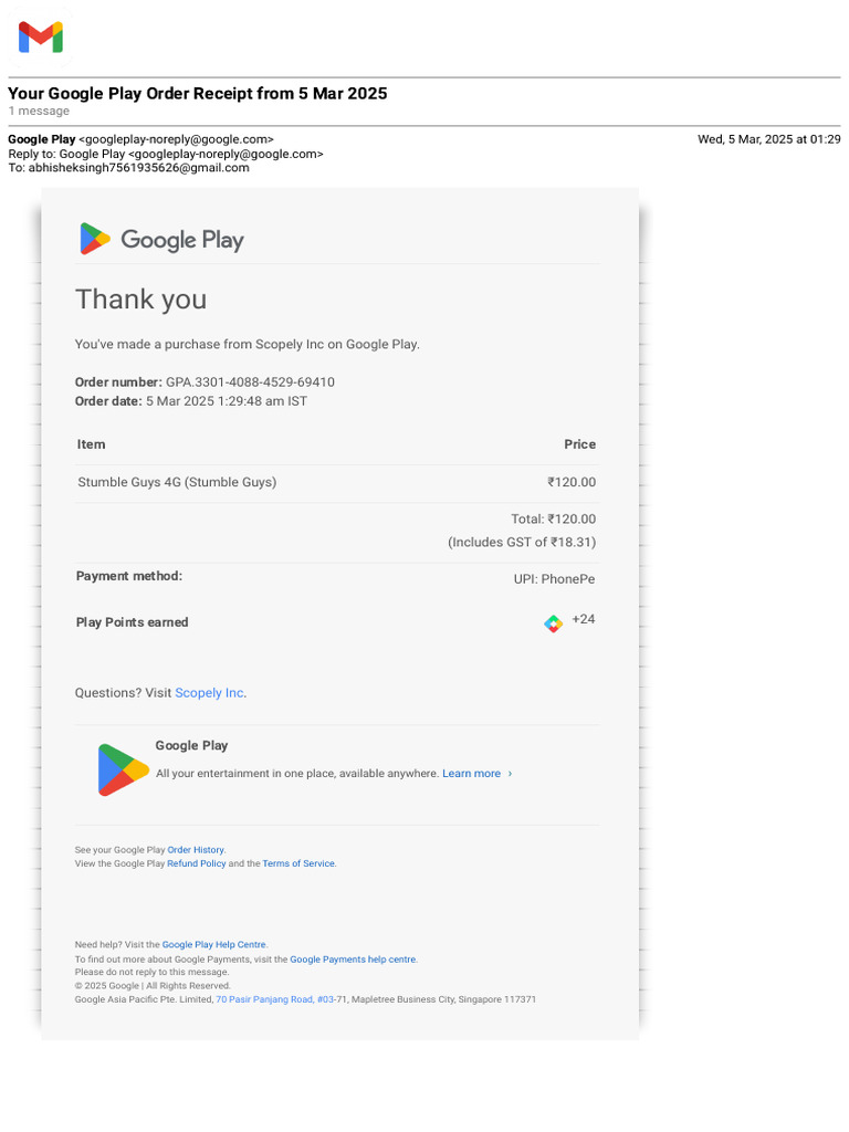 Google Play Order Receipt - Mar 2025 | PDF