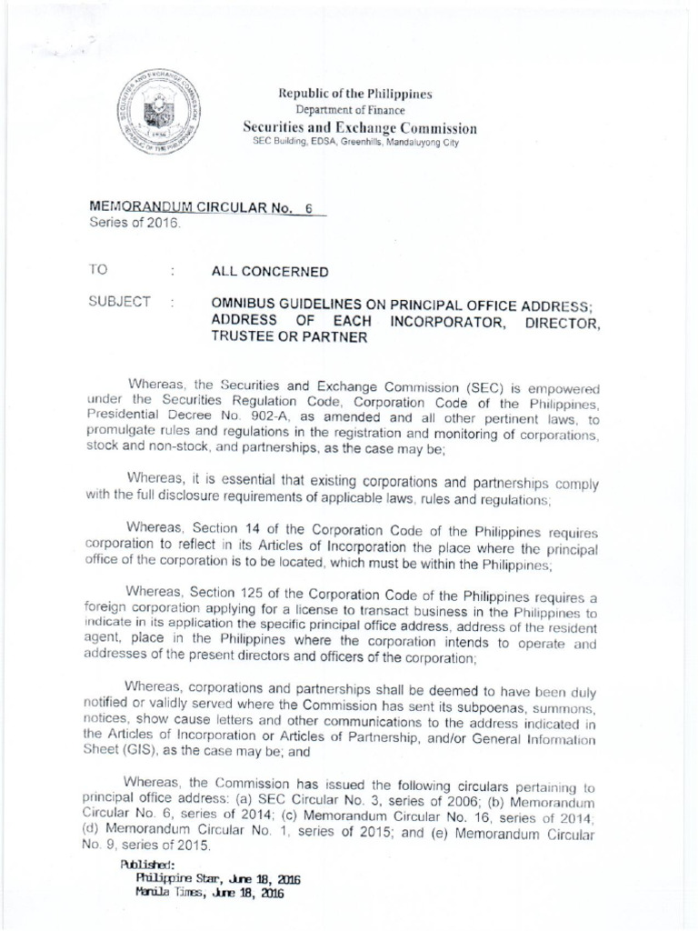 SEC MC 6 Series of 2016 - Omnibus Guidelines On Change of Address | PDF