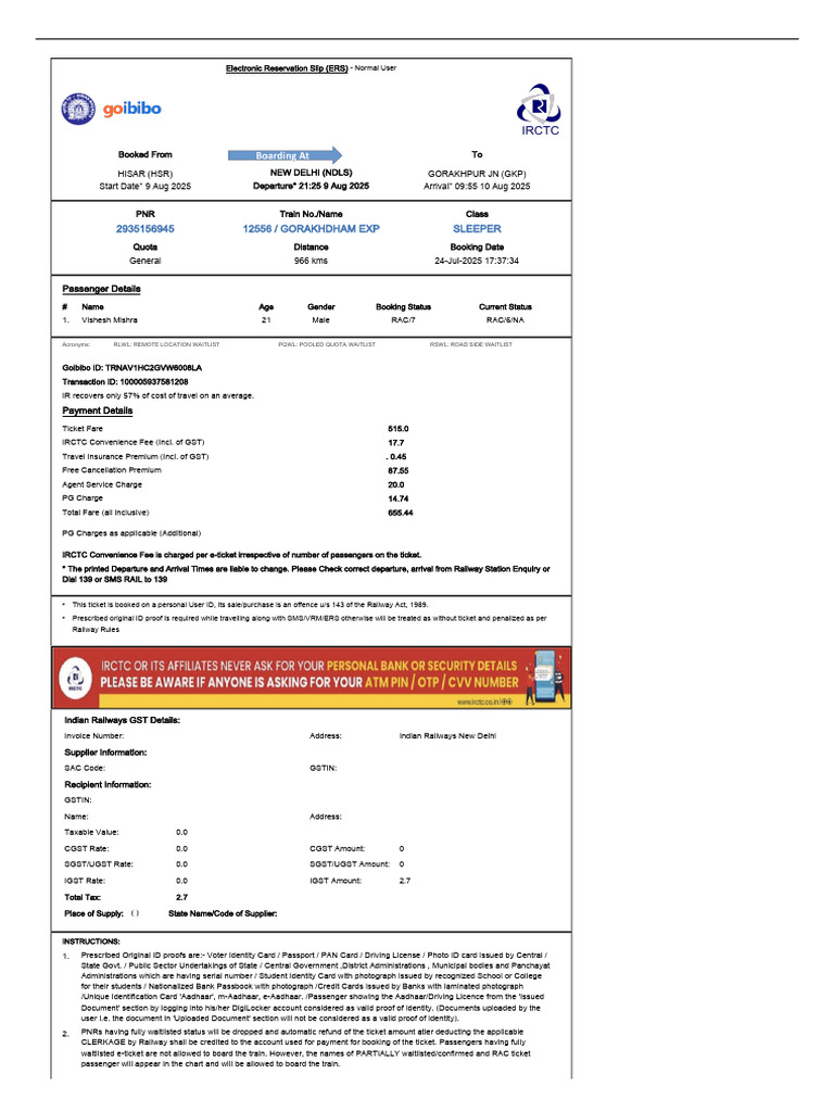Electronic Reservation Slip for Train Ticket | PDF | Identity Document