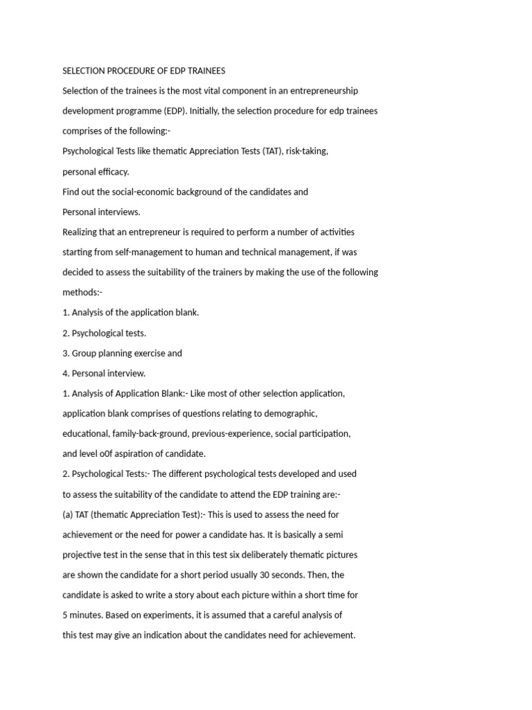 EDP Trainee Selection Process | PDF | Entrepreneurship | Behavior