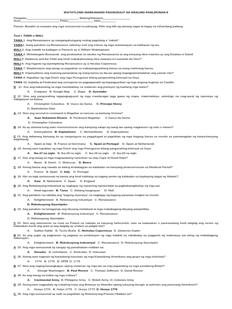 3rd Grading Exam (Answer Key) | PDF