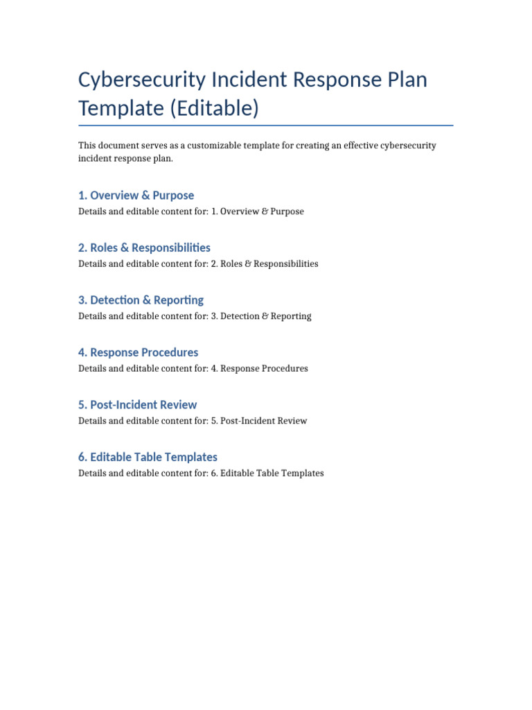 Cybersecurity Incident Response Plan Template (Editable) | PDF