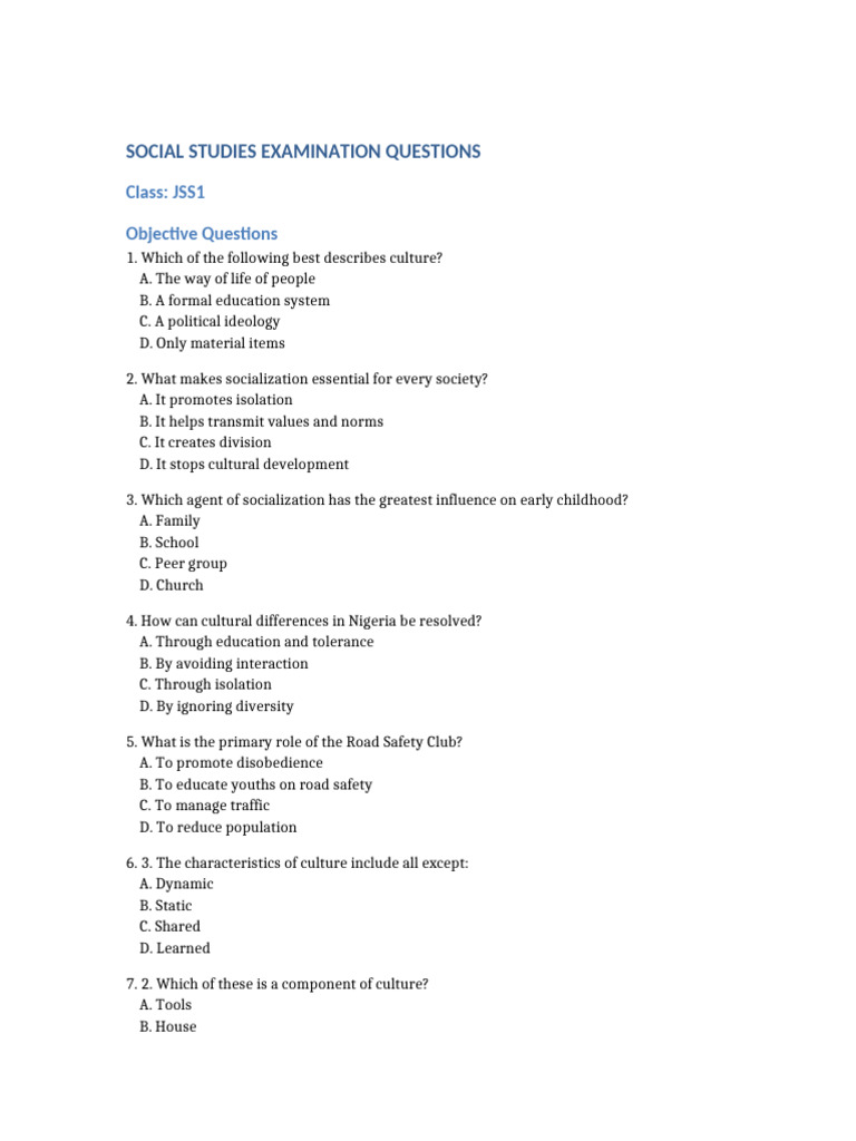 JSS1 Social Studies Exam Questions | PDF | Socialization | Liberal Arts ...
