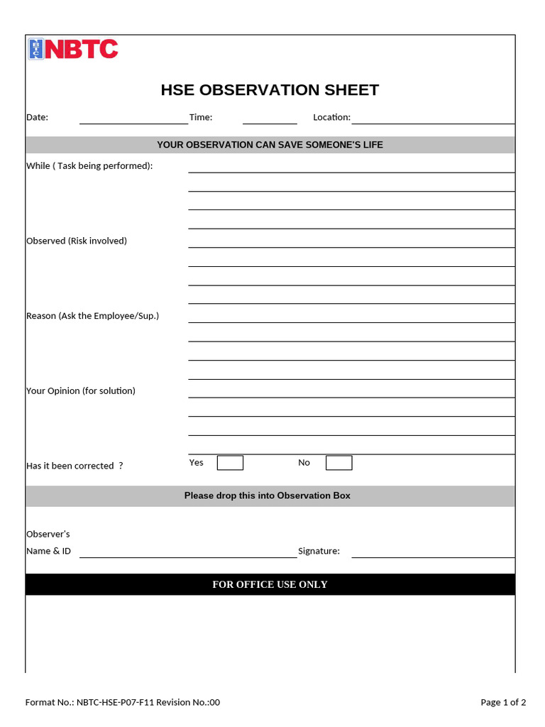F 11. HSE Observation Form | PDF