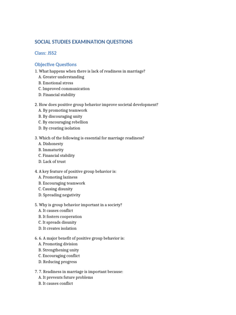 Social Studies JSS2 Exam Questions | PDF | Behavior | Marriage