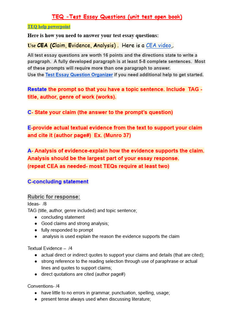 TEQ How-To - Test Essay Questions (Unit Test Open Book) | PDF