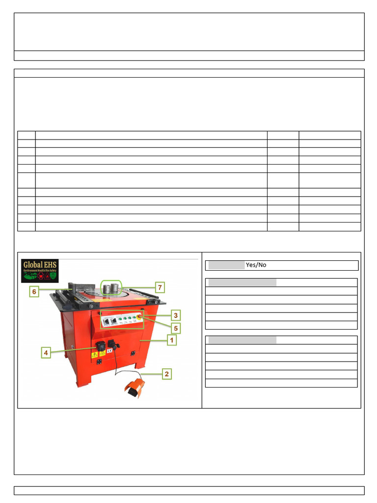 Bar Bending Machine Safety Checklist | PDF