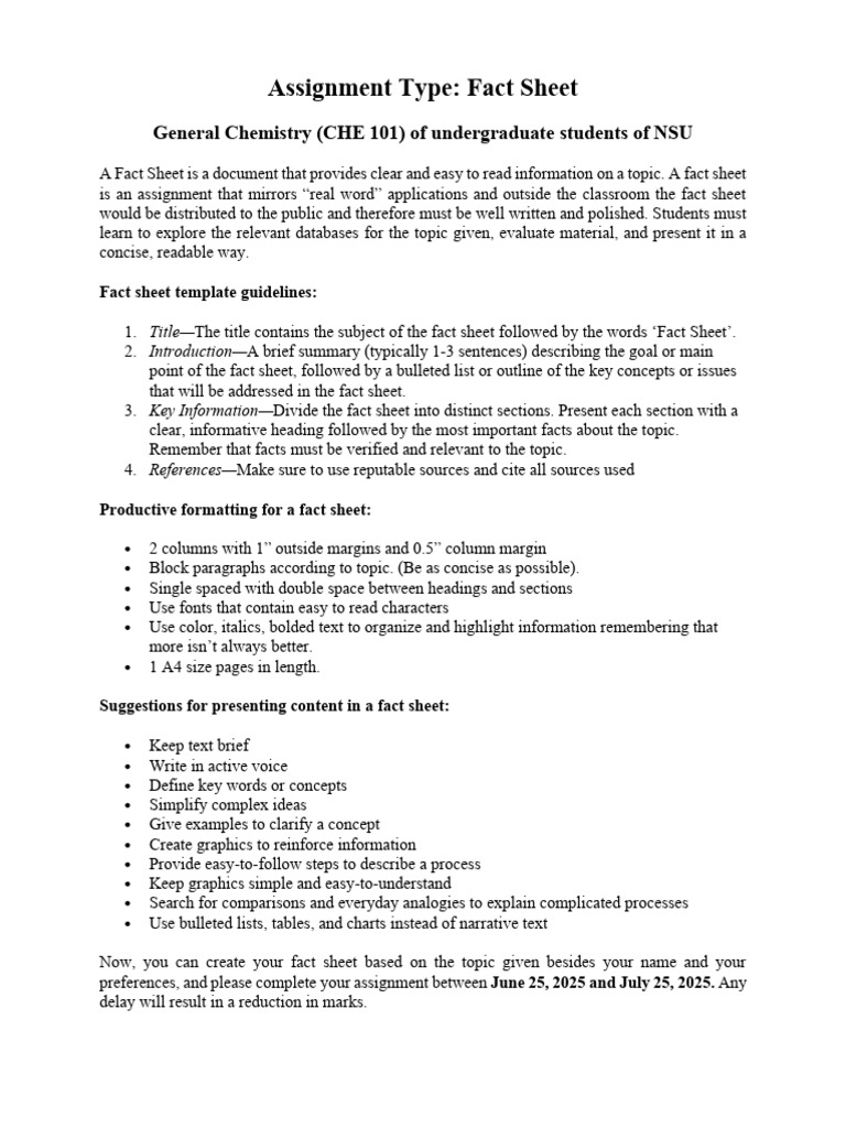 CHE 101 - Section 32 - Fact Sheet Instructions & Topic | PDF | Chemical ...