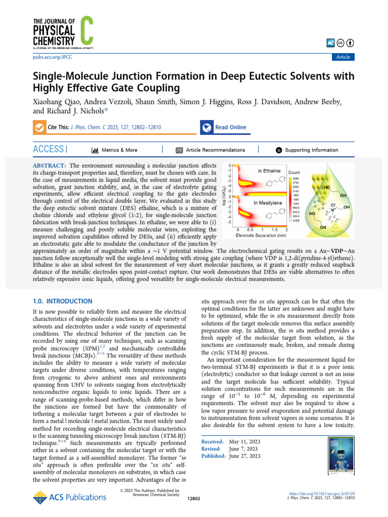 Single-Molecule Junctions in Ethaline | PDF | Electrochemistry ...