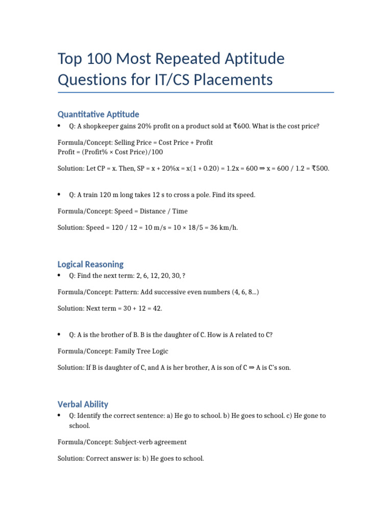 Aptitude Top 100 Questions With Solutions | PDF