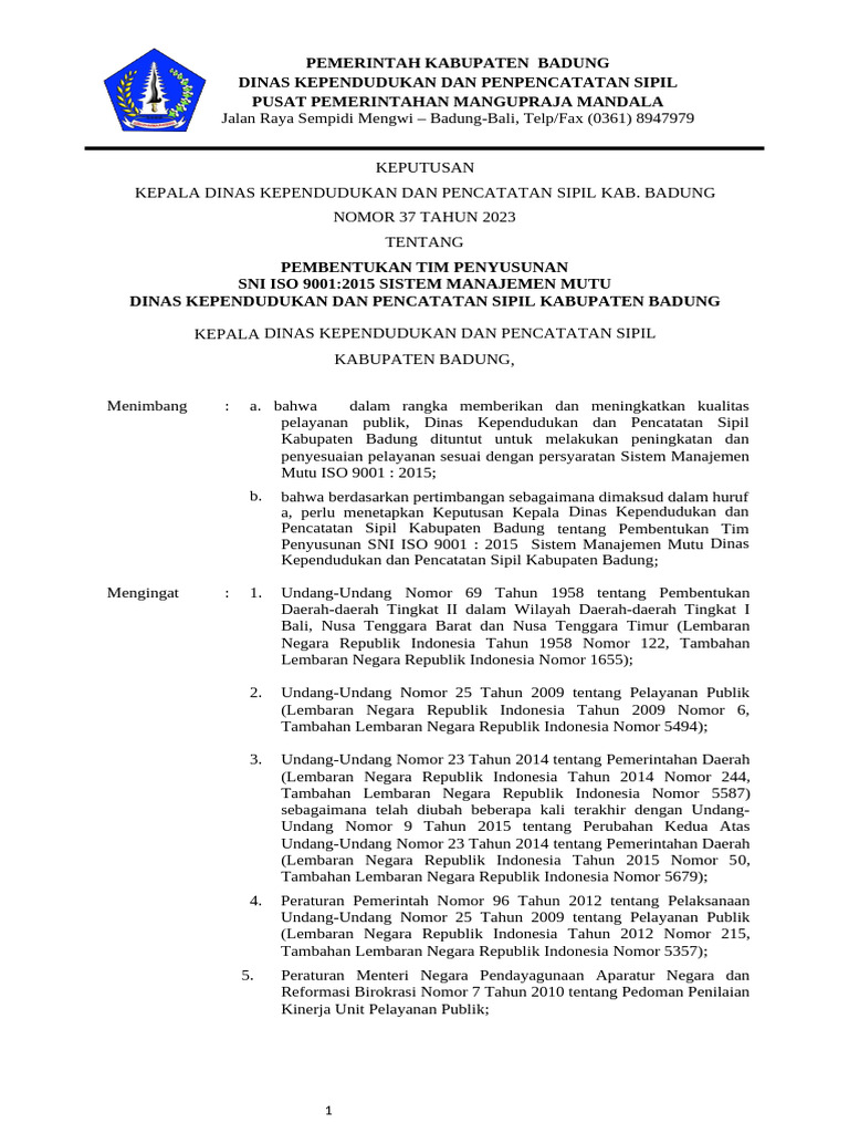 Pembentukan Tim SNI ISO 9001 Badung | PDF