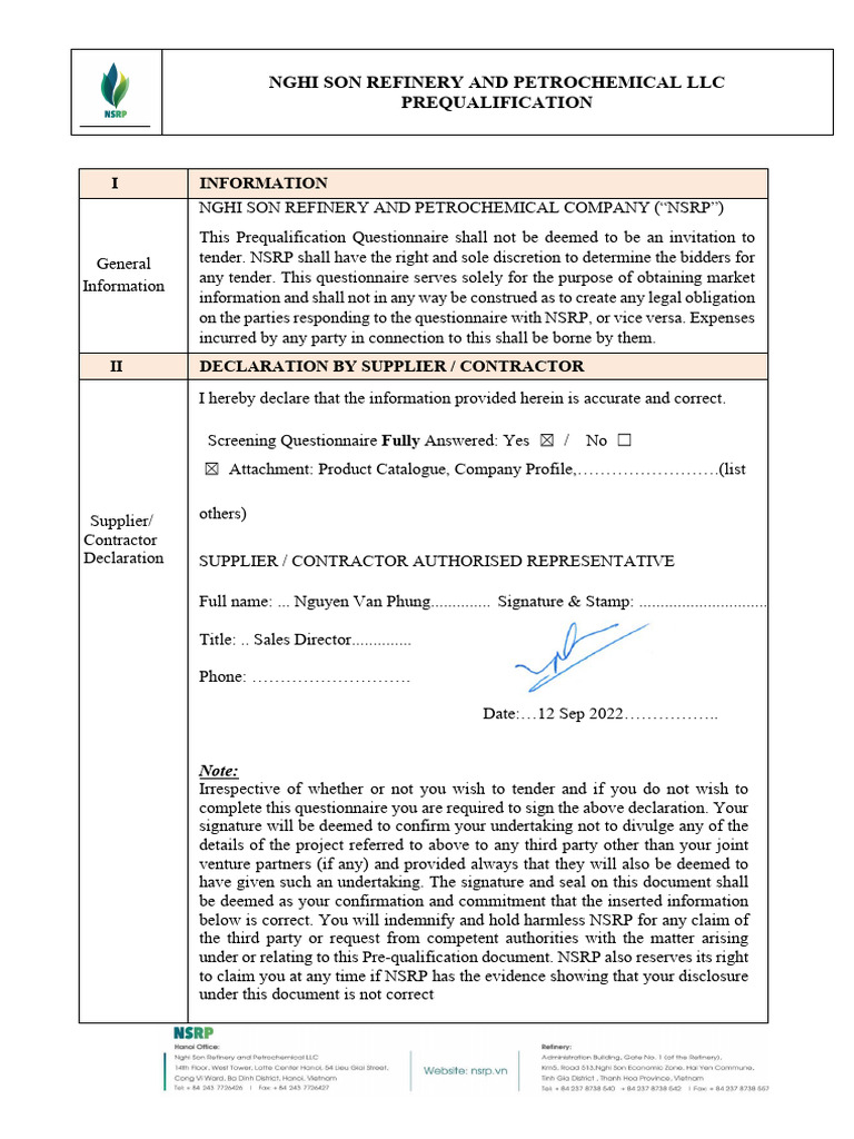 Supplier Pre Qualification Questionnaire | PDF | Occupational Safety ...