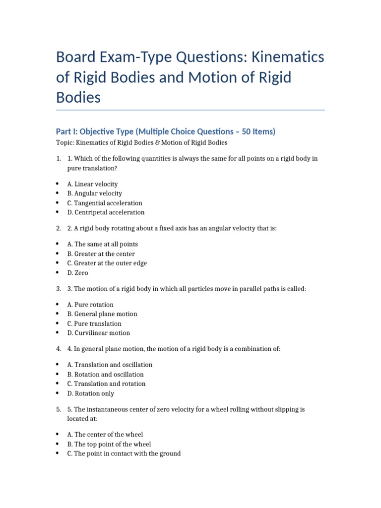 Kinematics Motion of Rigid Bodies Question Set | PDF