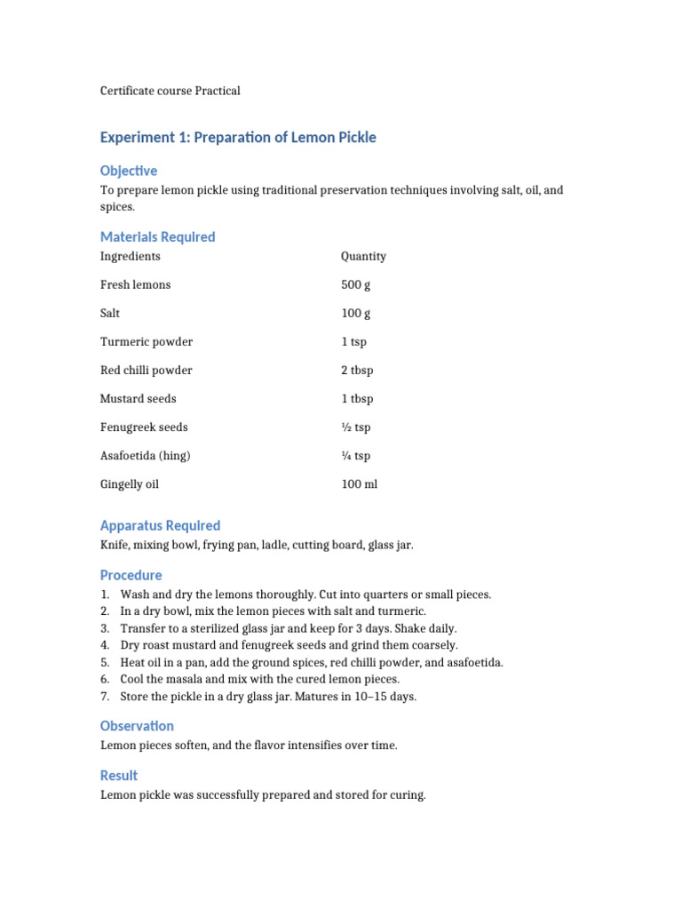 Pickle Preparation Practical | PDF | Pickling | Mustard (Condiment)