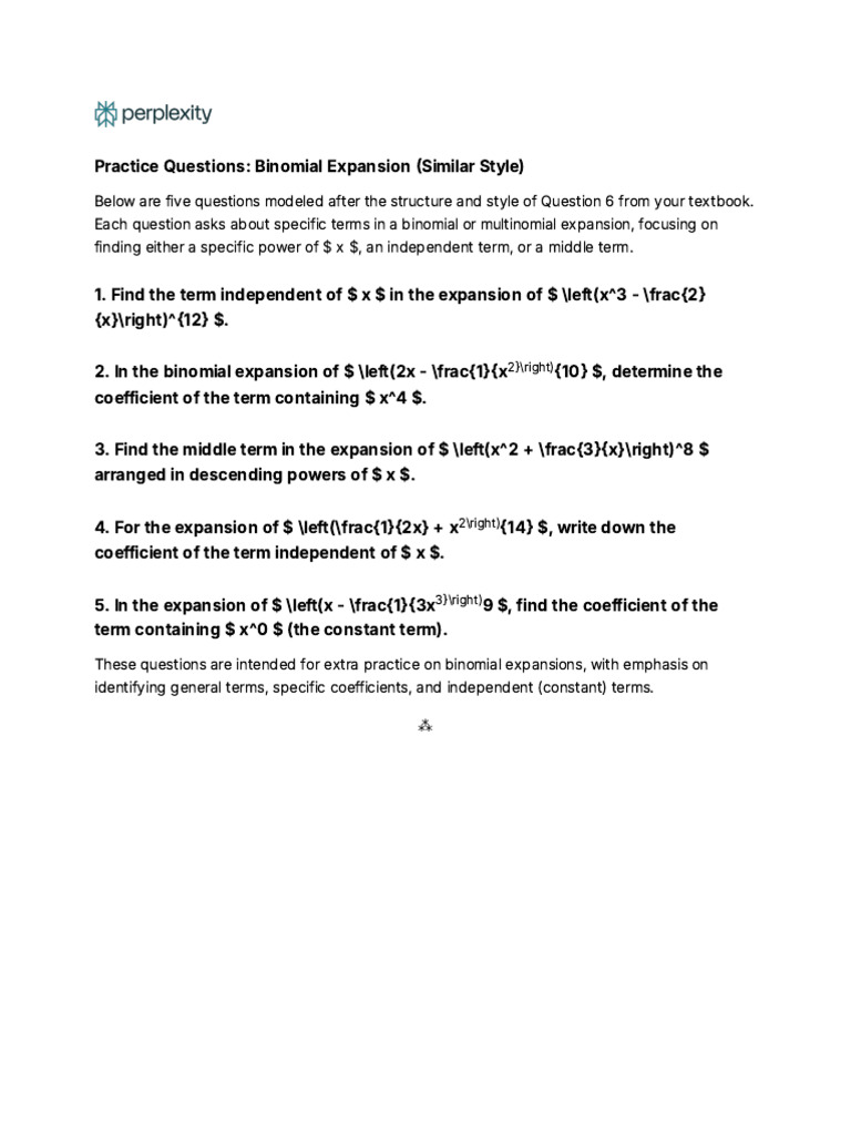 Practice Questions - Binomial Expansion (Similar ST | PDF