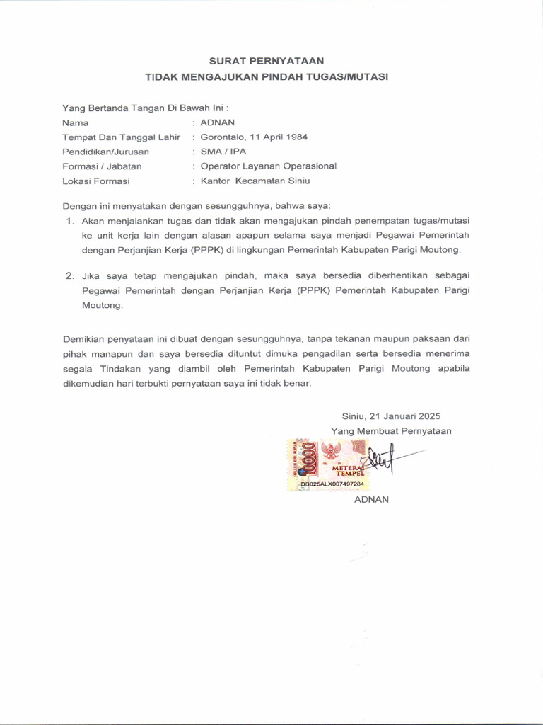 Adnan - Tidak Mengajukan Pindah | PDF