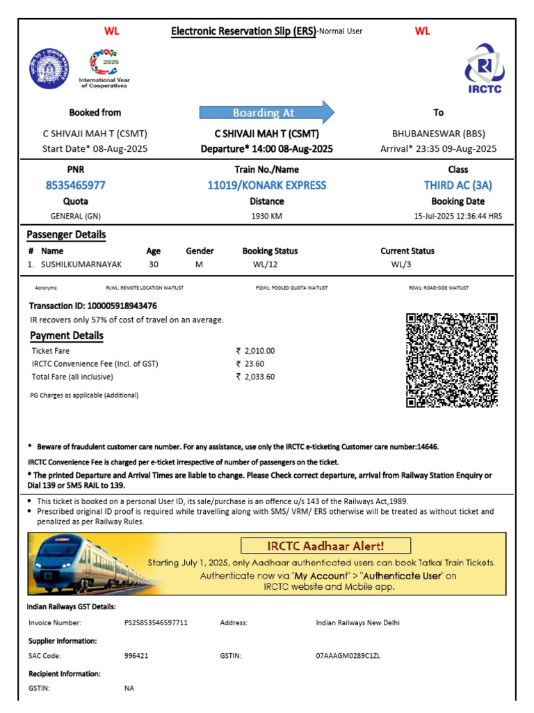11019/konark Express Third Ac (3A) : WL WL | PDF | Identity Document