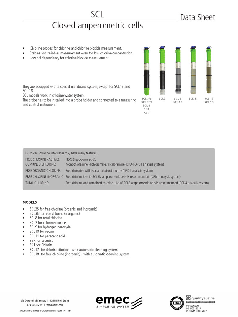 EMEC SCL Data Sheet R11 19 1 | PDF | Chlorine | Calibration