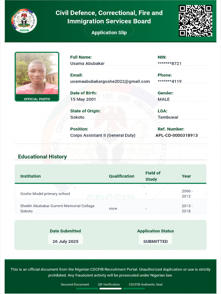 Usama Goshe Abubakar Application Slip | PDF