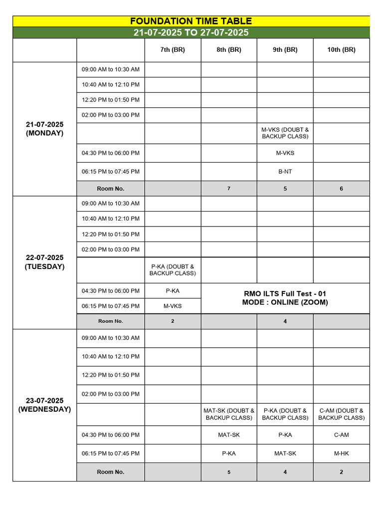 Boring Road Foundation Time Table Foundation 21-07-2025 To 27-07-2025 | PDF