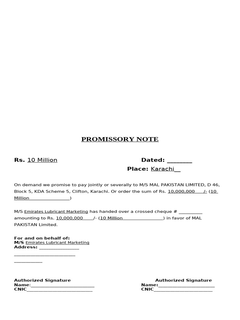 Rs. 10 Million Promissory Note Template | PDF