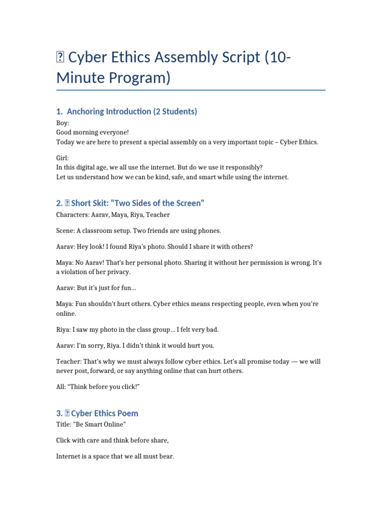 Cyber Ethics Assembly Script | PDF