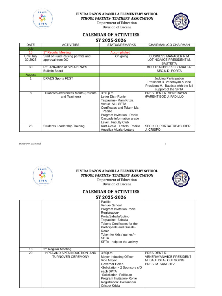 Calendar of Activities 2025-2026 | PDF