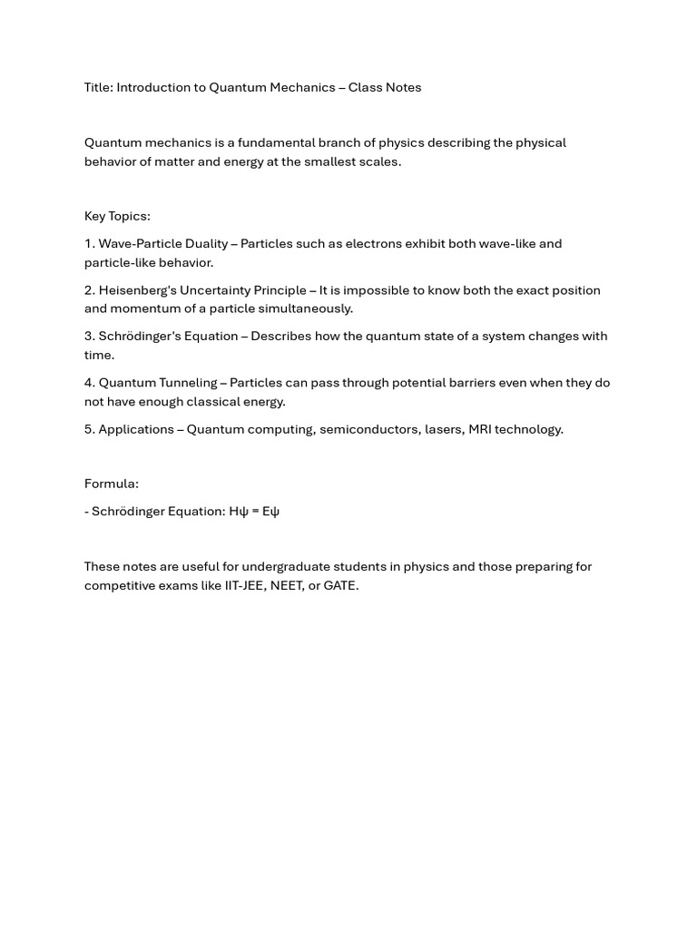 Quantum Mechanics Class Notes | PDF