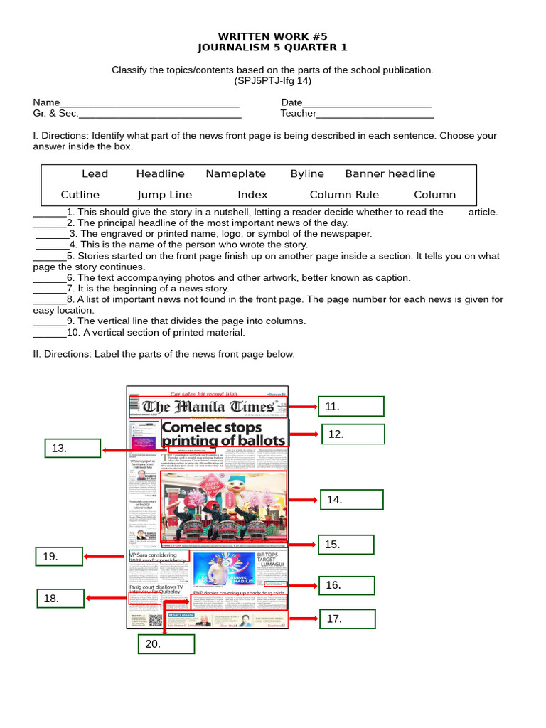 WRITTEN WORK #5-Q1-Label The Parts of News Front Page | PDF