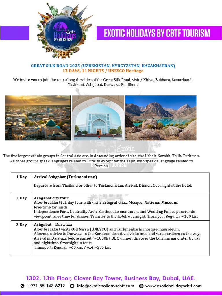 Great Silk Road 3-Stans 2025 (Tm-Uz-Tj) 3 Exotic Holidays Package-2025-Cbtf-027 | PDF