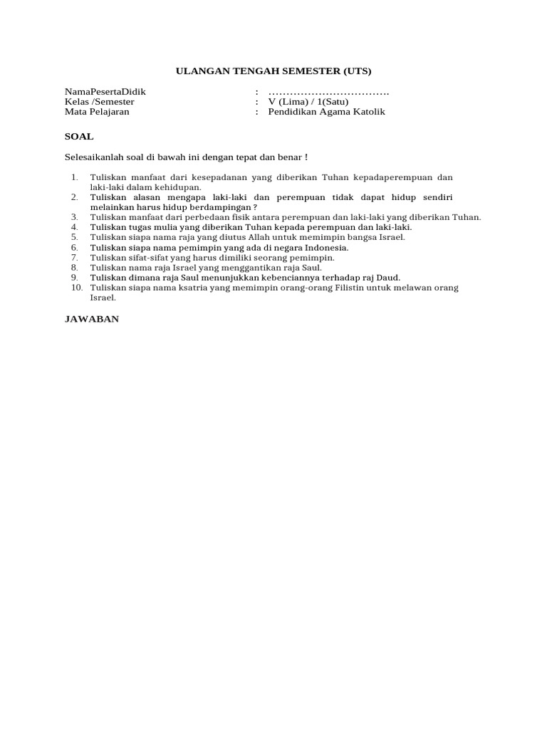 Uts Kelas 5 Agama Katolik | PDF