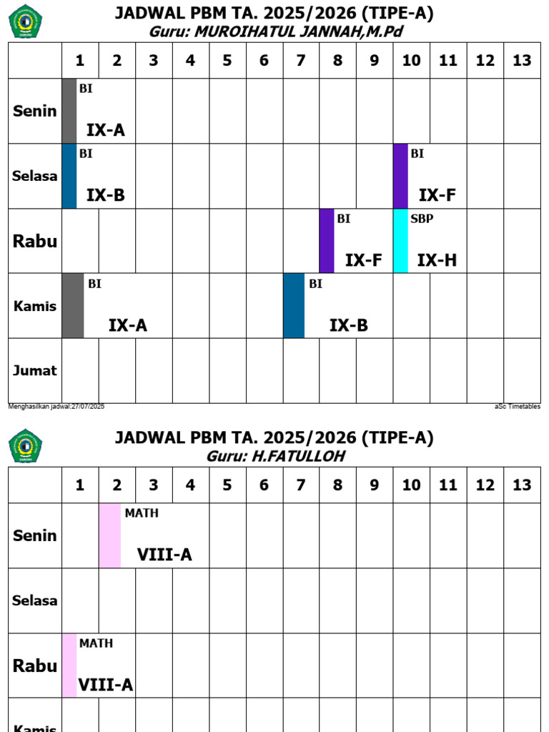 Jadwal PBM Per Guru Ta-20252026 Tipe-A | PDF