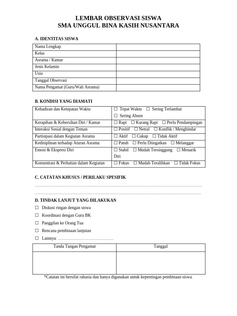 Lembar Observasi Siswa BK | PDF
