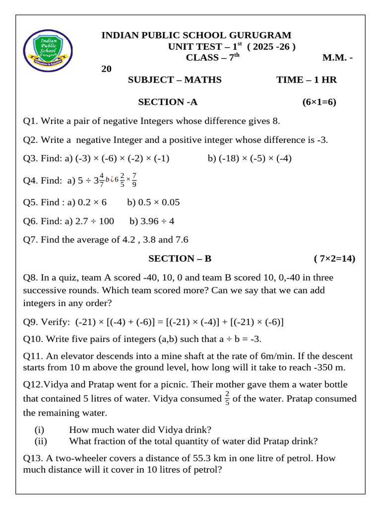 Class 7th Unit Test of Math | PDF