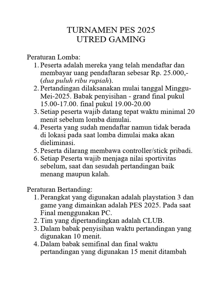 Peraturan Turnamen PES 2025 | PDF