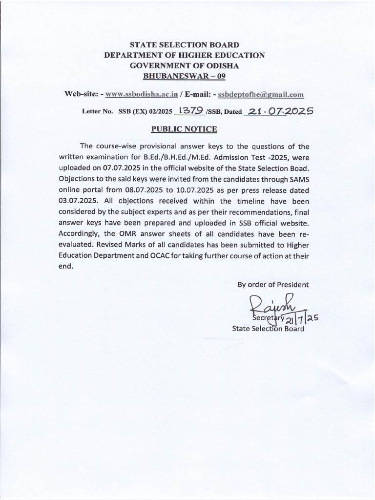 Public Notice For Publication of Final Answer Keys For B Ed B H | PDF