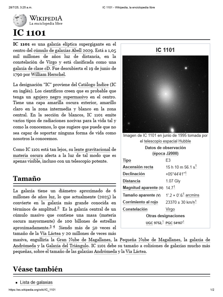 IC 1101 - Wikipedia, La Enciclopedia Libre | PDF | Regiones del cielo | Constelación