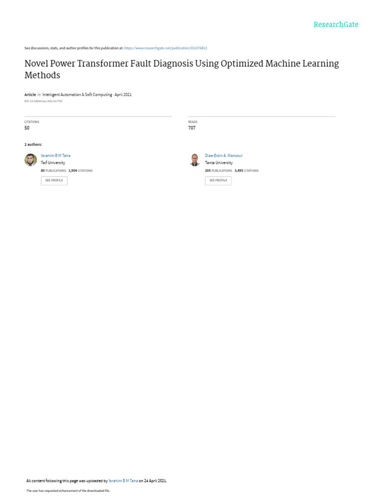 2021.novel Power Transformer Fault Diagnosis Using Optimized Machine Learning Methods | PDF ...