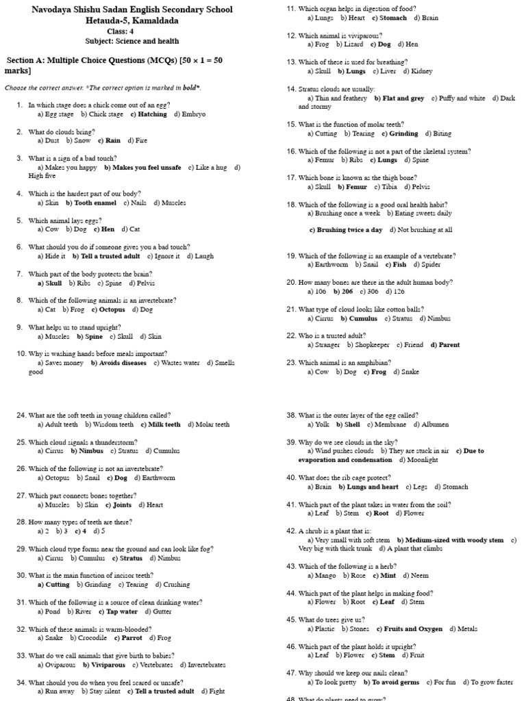 Practice Questions Science Grade-4 First Term | PDF | Egg | Tooth
